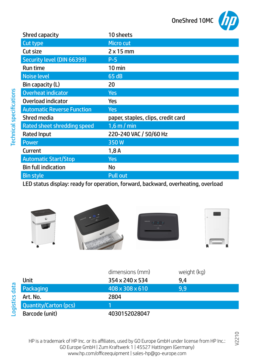 HP OneShred 10MC 粒狀中小型碎紙機(2x15mm,10張)-20L_粒狀碎紙機_碎紙機_Q-辦公室儀器_歷山文儀中心