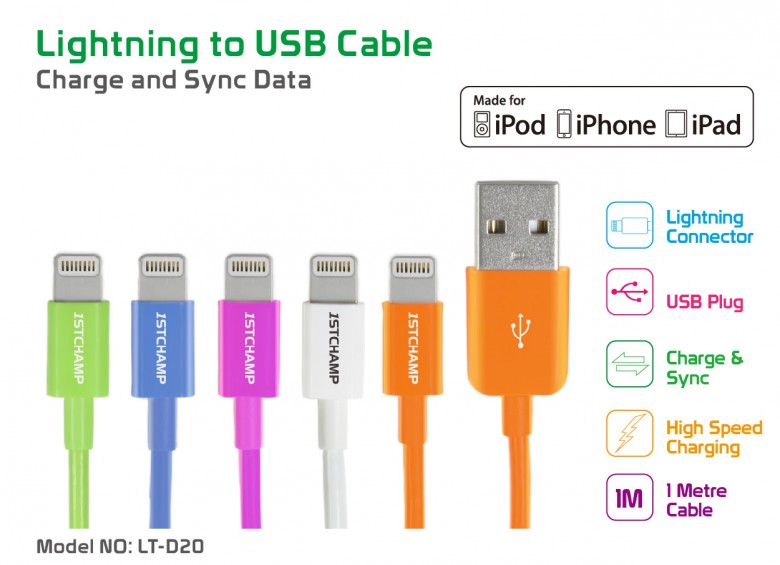 First Champion LT-D20 Lightning Cable-1M _充電裝置手提電話/平板/電腦_O-電腦用品_歷山文儀中心