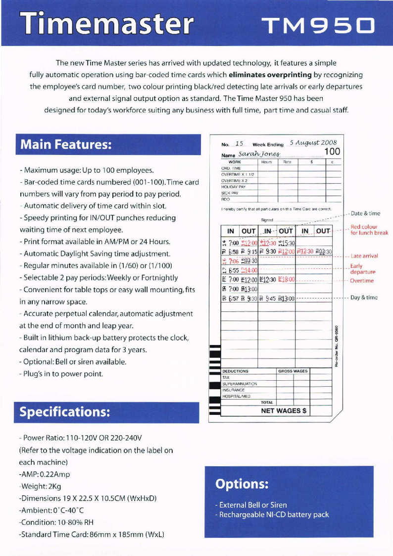 Timemaster TM-950 咭鐘機(計工時專用)咭紙(100張)_打咭鐘配件_打咭鐘及用品_Q-辦公室儀器_歷山文儀中心